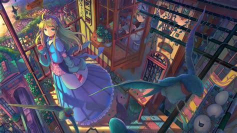 Safebooru 2girls Animal Bird Blonde Hair Blue Eyes Cat 905932