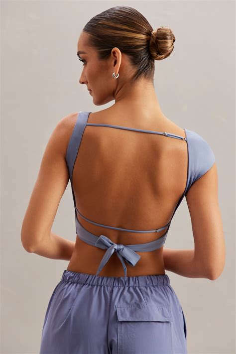 Yindi Cowl Neck Open Back Crop Top In Blue Oh Polly