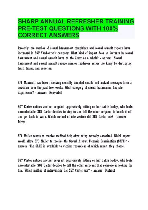 sharp annual refresher training pre test questions with 100 correct