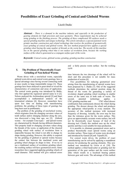 Pdf Possibilities Of Exact Grinding Of Conical And Globoid Worms