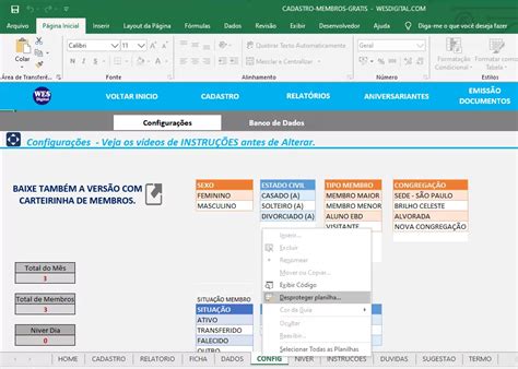 Personalizando Campos de Seleção planilha Cadastro de Membros Planilha Excel Controle Dízimo