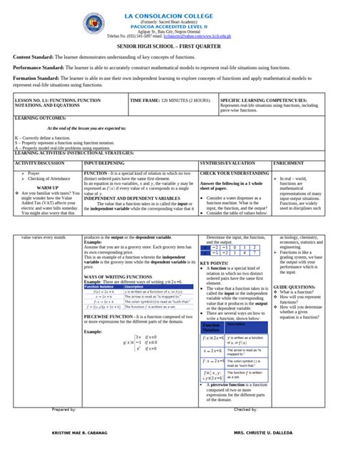 Lesson 11functions Function Notations And Equations Pdf
