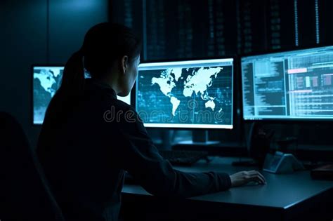 Female Programmer Working In Front Of Multiple Screens At Night Ai