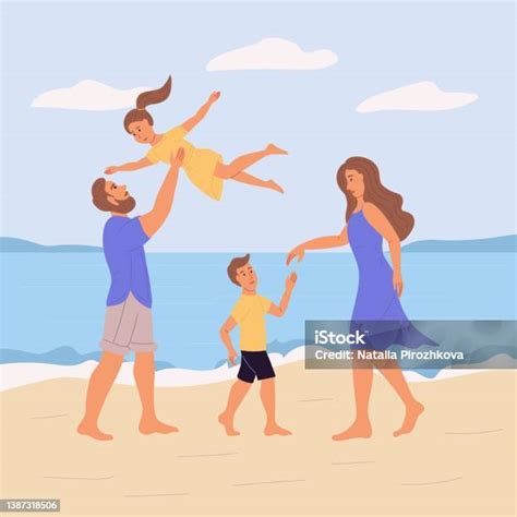 해변에서 가족 엄마는 아들과 함께 춤을 추고 아빠는 딸을 던지다 가족 휴가 플랫 벡터 일러스트레이션 가족에 대한 스톡 벡터 아트 및 기타 이미지 Istock