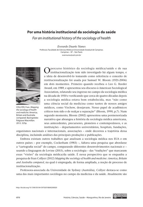 Pdf Por Uma História Institucional Da Sociologia Da Saúde