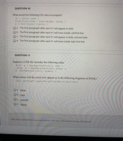 solved question 10 what would the following css rules