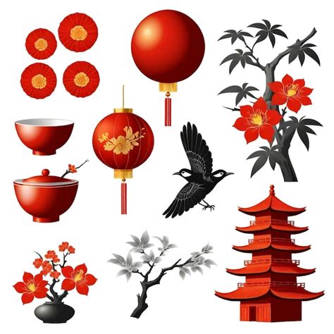 Un Conjunto De Símbolos Chinos Que Incluyen Una Linterna China Roja Y