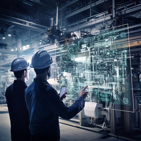 Premium AI Image Factory Digitalization Two Industrial Engineers Use Tablet Computer Big Data