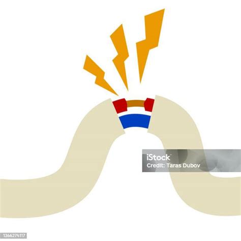 빨간색 와이어가 있는 손상된 케이블 오렌지 번개와 불꽃 깨진 선 잘못된 전기 기기 전력 안전 규칙 만화 평면 일러스트 전기 충격