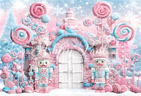 Kate Winter Christmas Pink Candy White Door Nutcracker Backdrop For