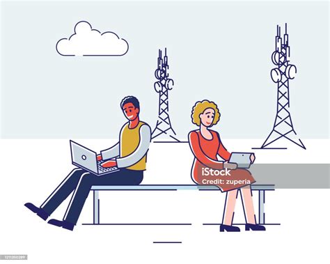 5g 기술 개념 남자와 여자는 통신 및 가젯에 대 한 고속 인터넷 기술을 사용 하는 사람들은 5g 무선 인터넷 기술을 사용합니다만화 선형 개요 플랫 벡터 일러스트레이션 5g