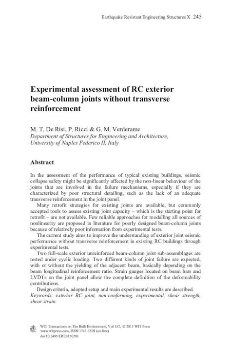 Pdf Experimental Assessment Of Rc Exterior Beam Column Joints Experimental Assessment Of