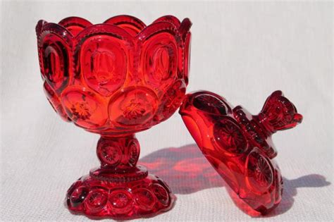 Moon And Stars Pressed Pattern Glass Candy Dish Or Small Compote Ruby