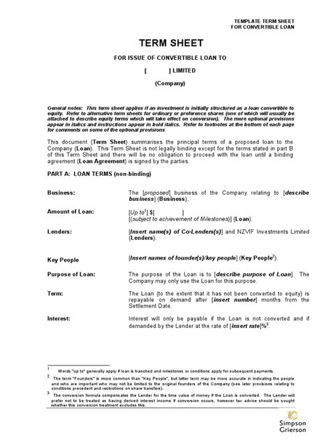 Convertible Loan Term Sheet Pdf Financial Transaction Loans