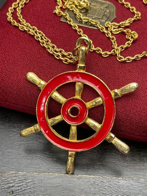 Vintage Pirate Galleon Wheel Pendant Long Chain Necklace Ship Wheel For