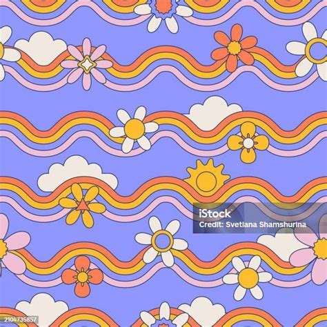 데이지 꽃 구름 물결 모양 무지개 통하고 있는 푸른 하늘 배경 벡터 일러스트 레이 션 완벽 한 패턴 그루비 히피 여름 배경입니다 1960 1969 년에 대한 스톡 벡터 아트