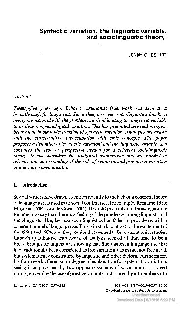 Pdf Syntactic Variation The Linguistic Variable And Sociolinguistic Theory 1