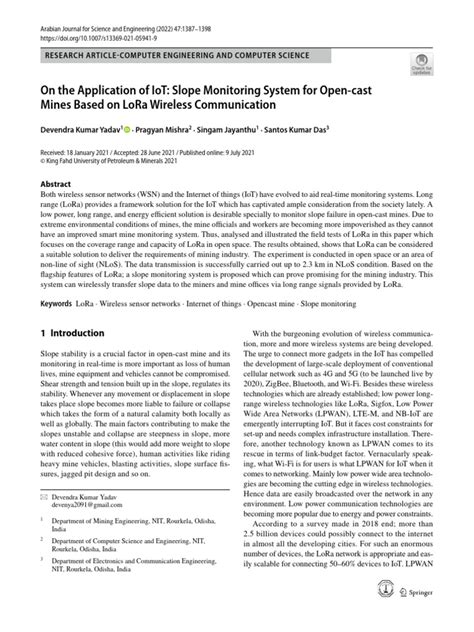 On The Application Of Iot Slope Monitoring System For Open‑cast Mines Based On Lora Wireless