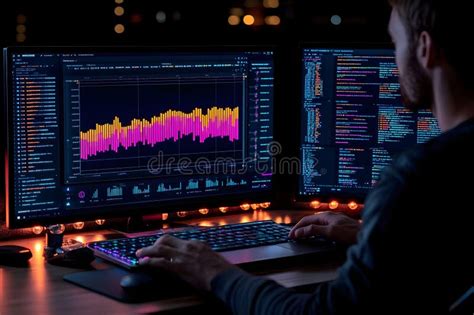 A Data Analyst Reviews Vibrant Graphs And Programming Code On Dual Monitors During Nighttime