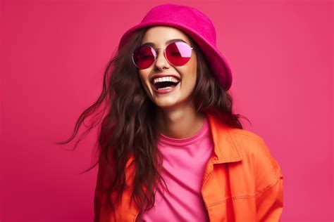 Premium Ai Image A Woman In A Pink Jacket And Pink Hat Is Laughing