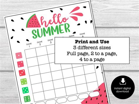 Summer Bunco Score Cards Watermelon Bunco Score Sheets July Summer