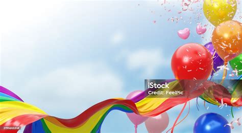 프라이드 달 컨셉 배너 디자인 무지개 깃발과 구름 배경 3d 렌더링 푸른 하늘에 다채로운 풍선 0명에 대한 스톡 사진 및 기타 이미지 Istock