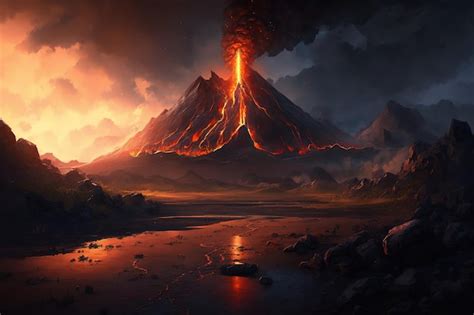 Premium Photo Jurassic Landscape With An Erupting Volcanogenerative Ai