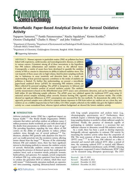 Pdf A Microfluidic Paper Based Analytical Device μpad For Aerosol Oxidative Activity