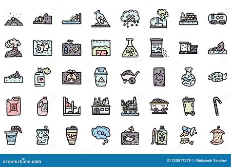 Environment Pollution Color Vector Doodle Simple Icon Set Stock Vector