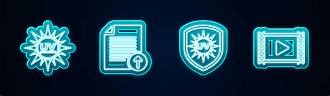 선 자외선 차단 파일 업로드 동영상 재생을 설정합니다 빛나는 네온 아이콘입니다 벡터 건강한 생활방식에 대한 스톡 벡터 아트 및