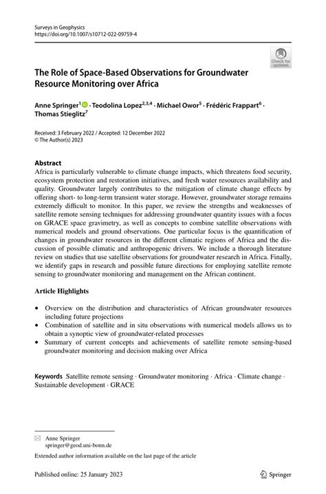 Pdf The Role Of Space Based Observations For Groundwater Resource Monitoring Over Africa