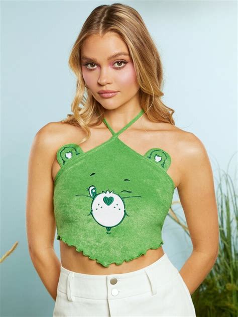 Shein X Care Bears Cartoon Graphic Lettuce Trim Tie Backless Halter Top
