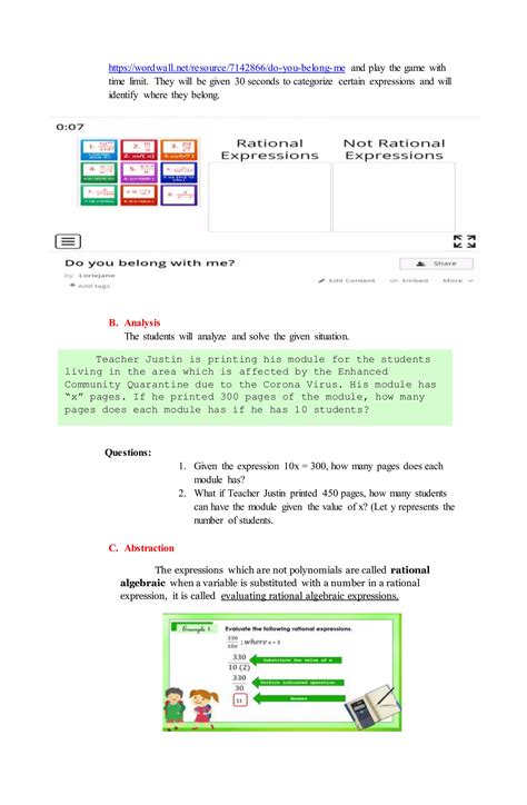 Lesson Plan On Evaluating Rational Algebraic Expression PDF