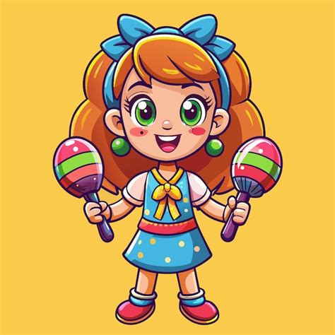 롤리팝을 들고 있는 소녀의 만화 일러스트레이션 프리미엄 벡터