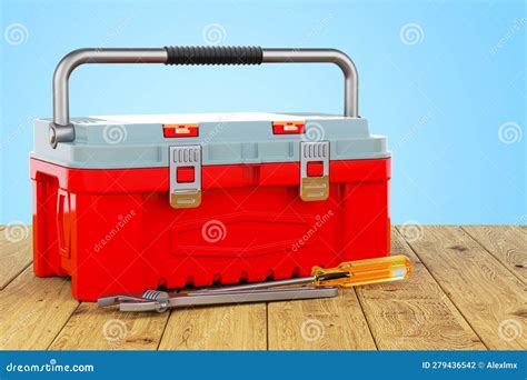 Toolbox On Wooden Desk 3d Rendering Stock Illustration Illustration