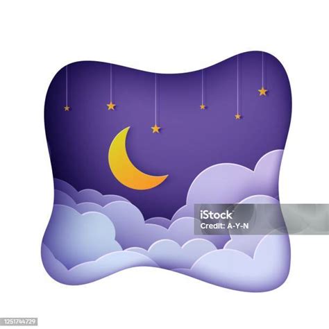 밤 하늘 구름은 종이 컷 스타일로 밧줄과 달에 금별베개와 같은 프레임 초승달과 흐린 풍경 종이 컷 아트로 3d 배경을 잘라냅니다 소원 좋은 밤에 대한 벡터 카드 위성 우주에