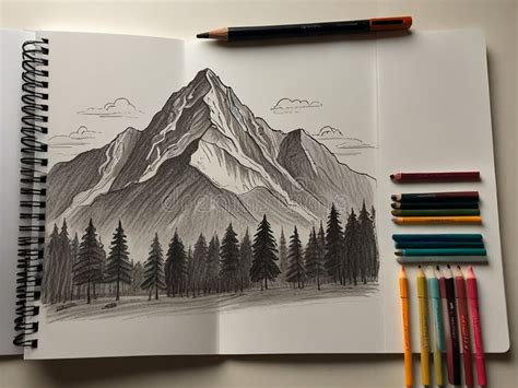 Draw Mountains In A Sketchbook And Some Colored Pencils Stock