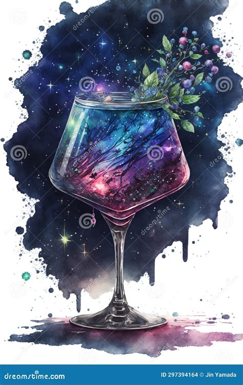 Hand Drawn Watercolor Illustration Of A Glass Of Wine With Flowers And