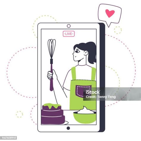 음식 블로거 블로거 온라인 요리 요리 교실 라이브 스트리밍 인터넷 콘텐츠 사진 및 비디오 제작자 평면 벡터 일러스트 레이 션 Live Event에 대한 스톡 벡터 아트 및