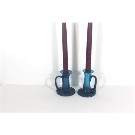 Vintage Pair Of Blue Green Teal Hand Blown Bubble Glass Candleholder