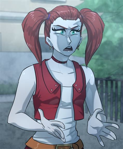 An Animated Woman With Red Hair And Green Eyes Standing In Front Of A Fenced Area