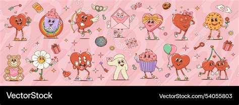 Retro Cartoon Valentine Day Groovy Characters Set Vector Image