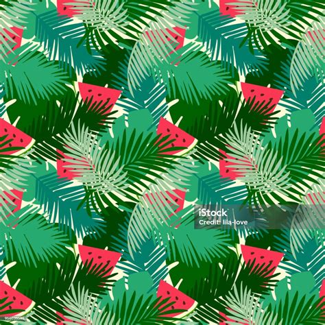 열 대 정글 잎과 수 박 과일 꽃 배경 완벽 한 패턴입니다 팜 리프와 함께 수 박 조각 패턴입니다 수박에 대한 스톡 벡터 아트