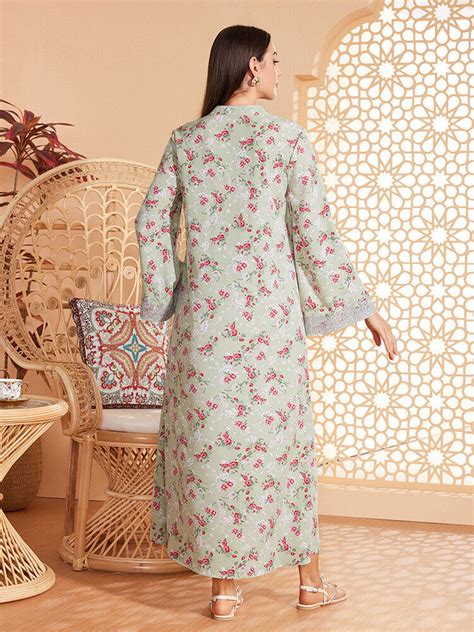 Floral Abaya Muslim Women Long Sleeve Maxi Dress Dubai Arab Robe Loose