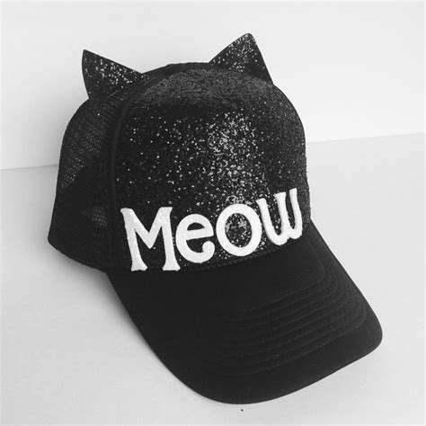 Black Cat Ears Meow Glitter Hat Glitter Baseball Hats White Cat