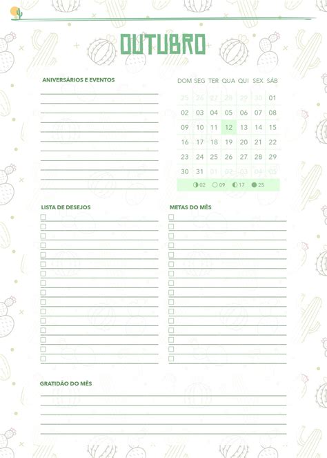 Planner Cactos Para Imprimir Agenda Outubro Fazendo A Nossa Festa