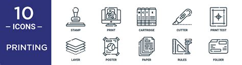 인쇄 개요 아이콘 세트에는 얇은 줄 스탬프 카트리지 인쇄 테스트 포스터 규칙 폴더 보고서 프리젠 테이션 다이어그램 웹 디자인을위한 레이어 아이콘이 포함됩니다 0명에 대한