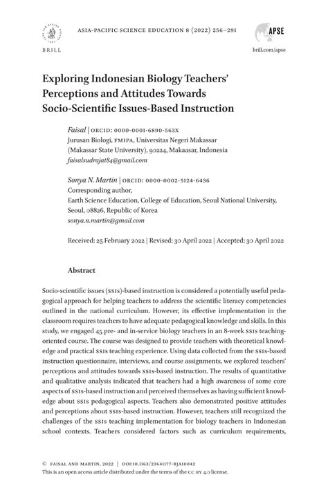 Pdf Exploring Indonesian Biology Teachers Perceptions And Attitudes Towards Socio Scientific
