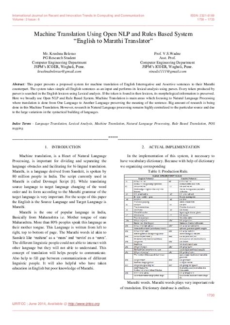 Pdf Machine Translation Using Open Nlp And Rules Based System