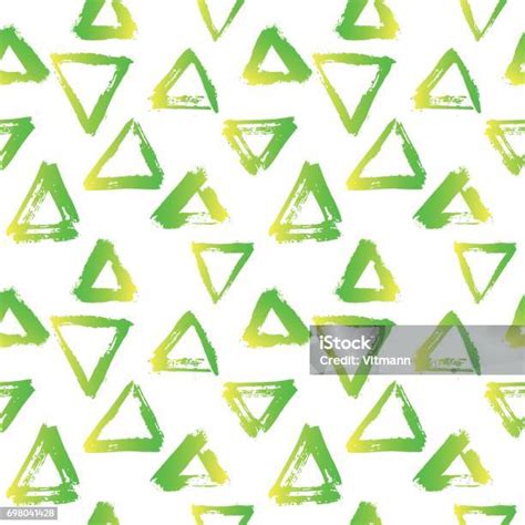 브러시와 벡터 원활한 패턴 삼각형 노란색 흰색 바탕에 녹색 그라데이션 색 손으로 그린 그레인 텍스처 잉크 기하학적 요소입니다 패션 현대적인 스타일입니다 끝 없는 직물 인쇄